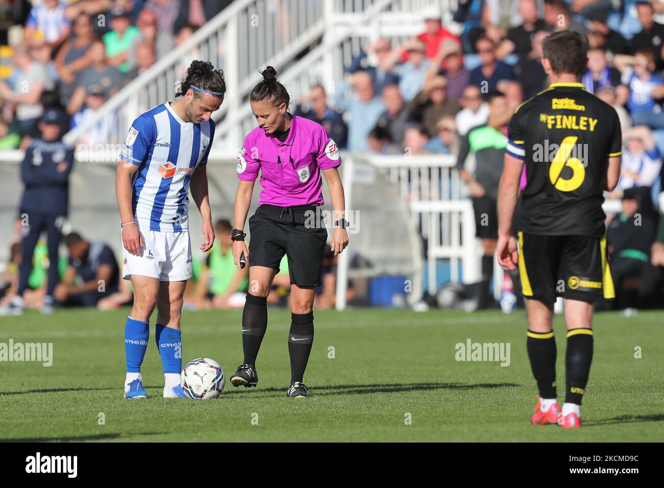 Match referee Rebecca Welch and Hartlepool United's Jamie Sterry during ...