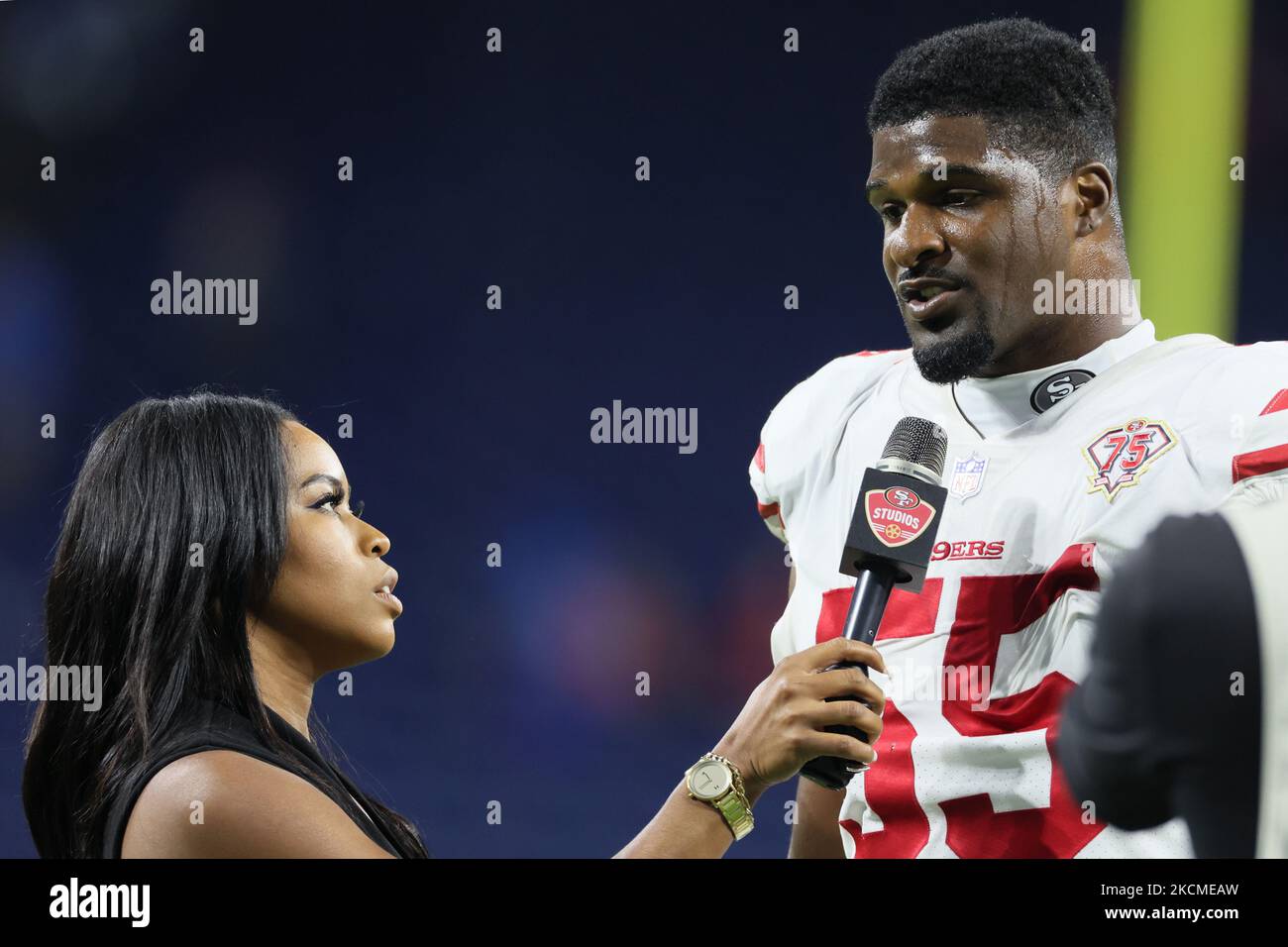 San Francisco 49ers outside linebacker Dee Ford (55) is interviewed on ...