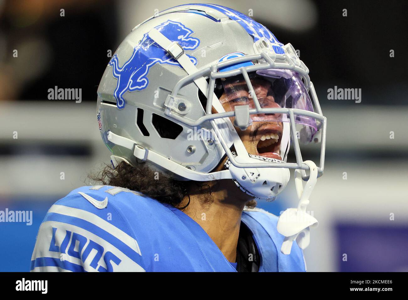 Detroit Lions wide receiver Kalif Raymond (11) reacts after a play ...