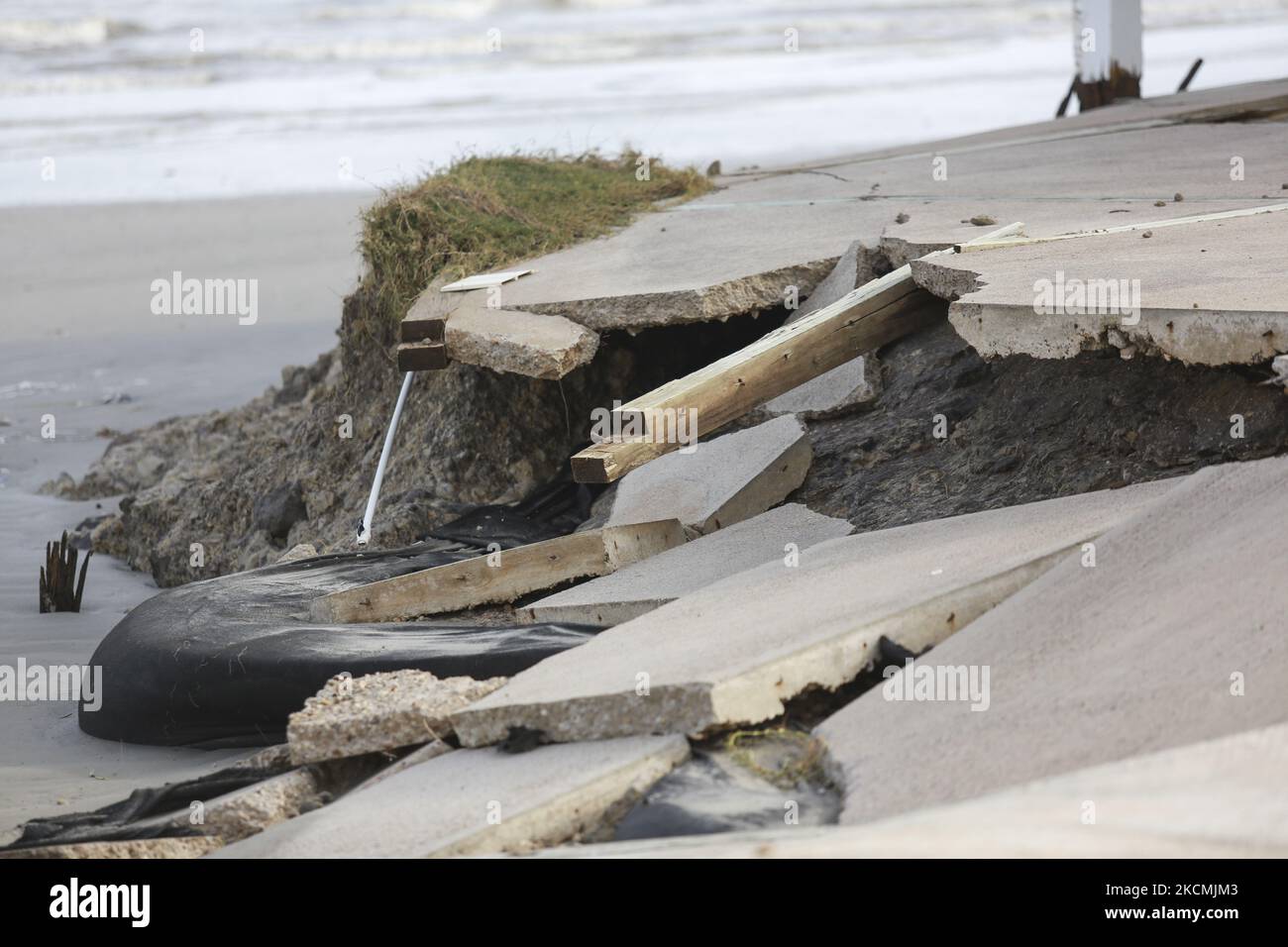 Damage to concrete from Hurricane Nicholas's powerful storm surge early ...
