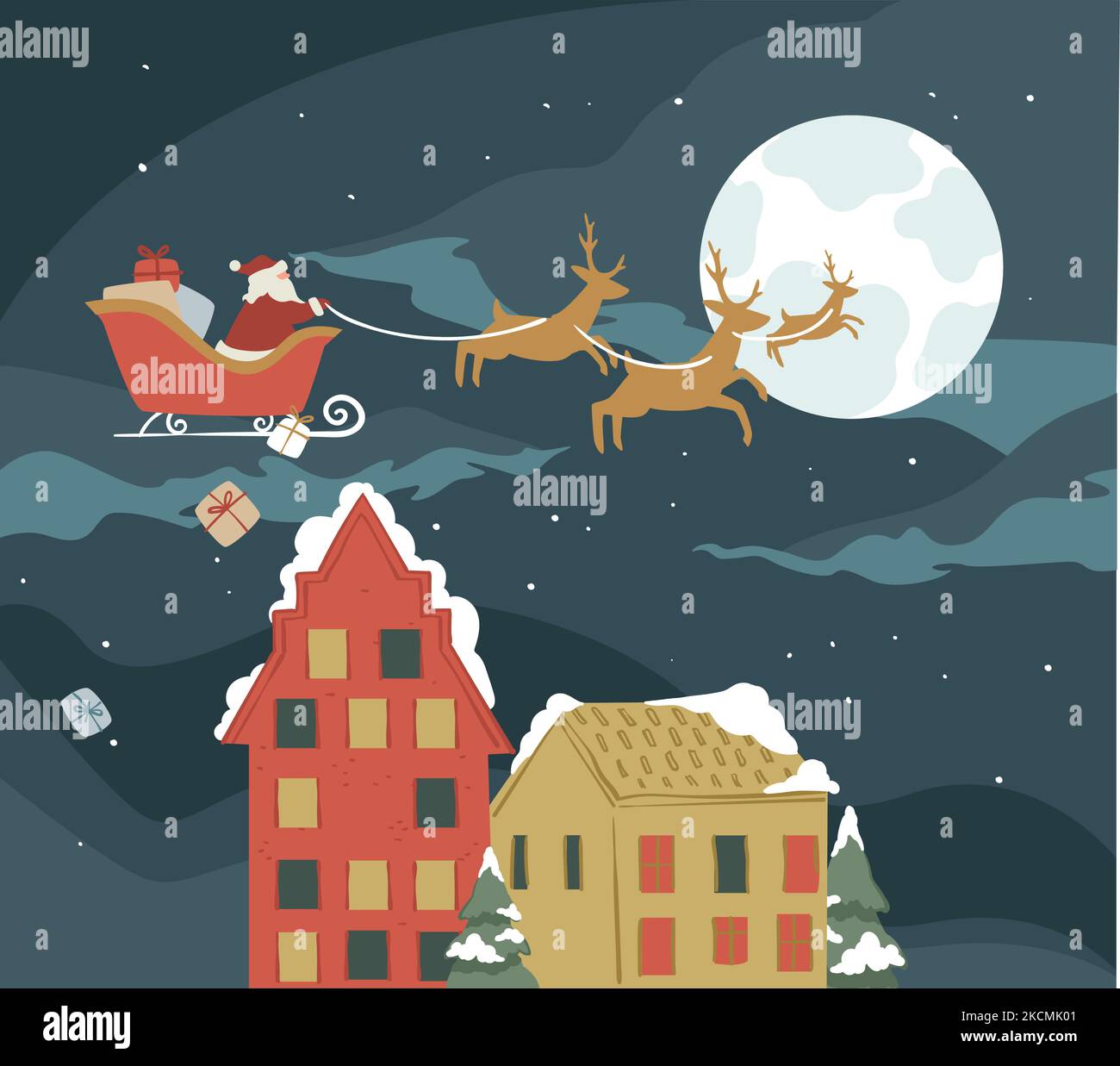 Santa Claus riding reindeers, giving presents Stock Vector Image & Art ...