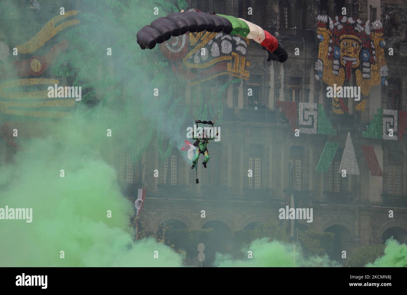 Mexican army paratrooper during an aerial military parade in Mexico ...