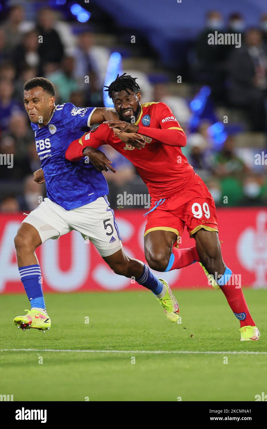 Ryan Bertrand of Leicester City battles with Andre-Frank Zambo Anguissa ...
