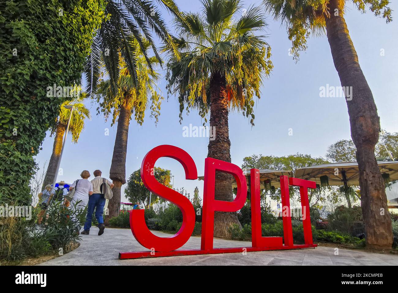 A sign showin Split city name written with red capital letters is ...