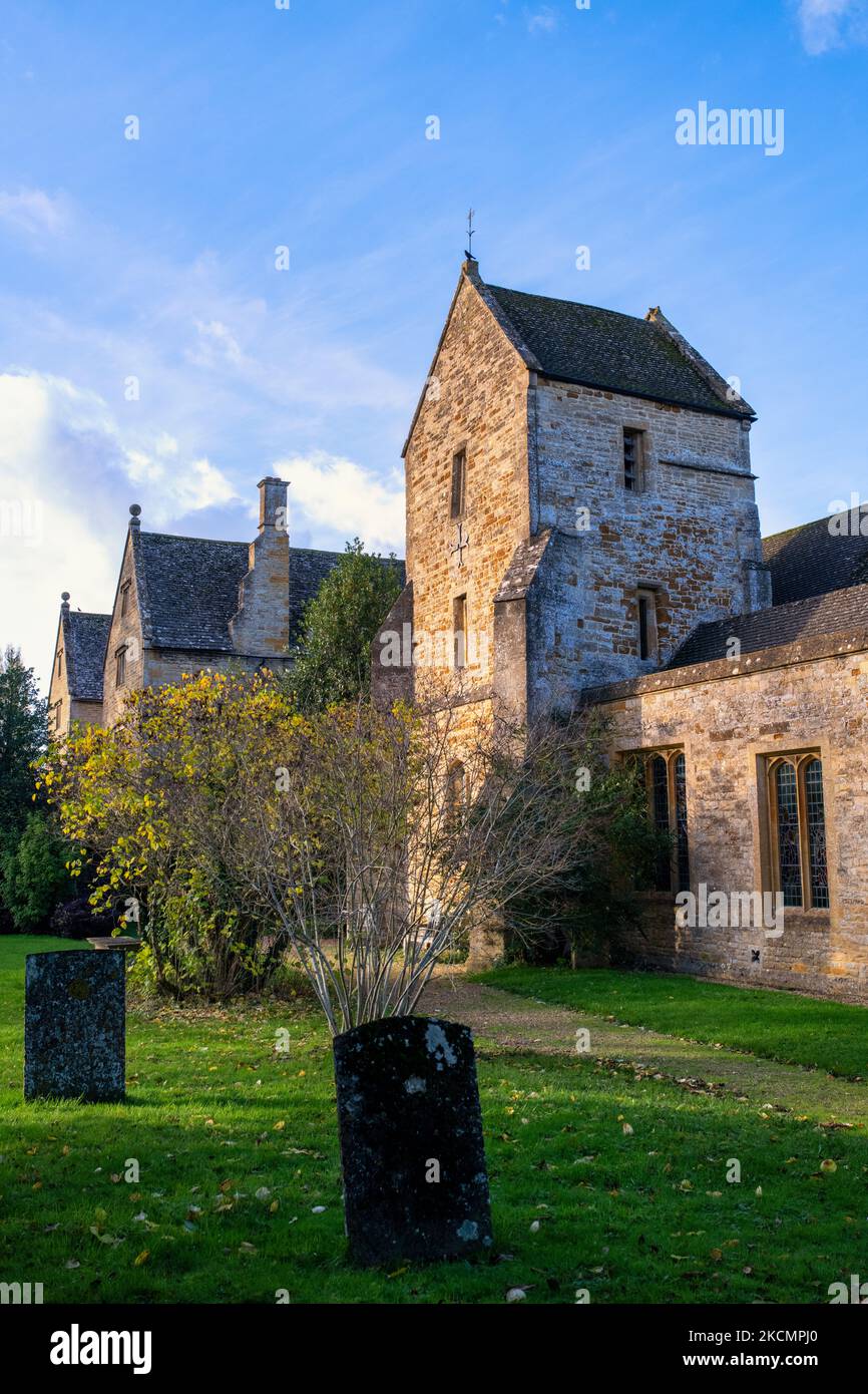St Denys Church and manor house in autumn. Little Compton, Warwickshire ...