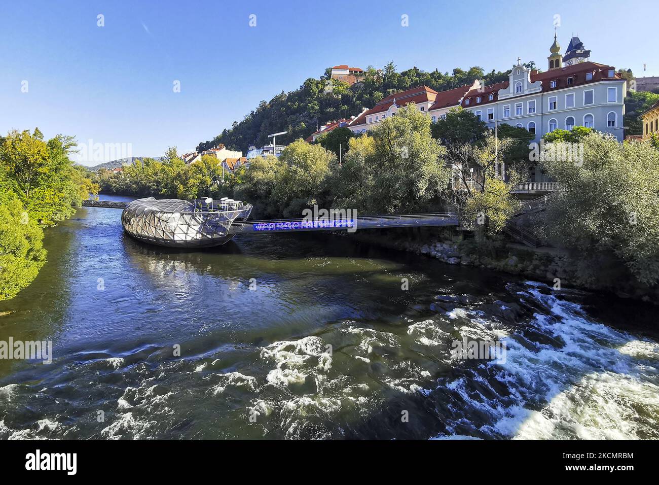 Murinsel bridge over Mur River in Graz, Austria on September 11, 2021 ...