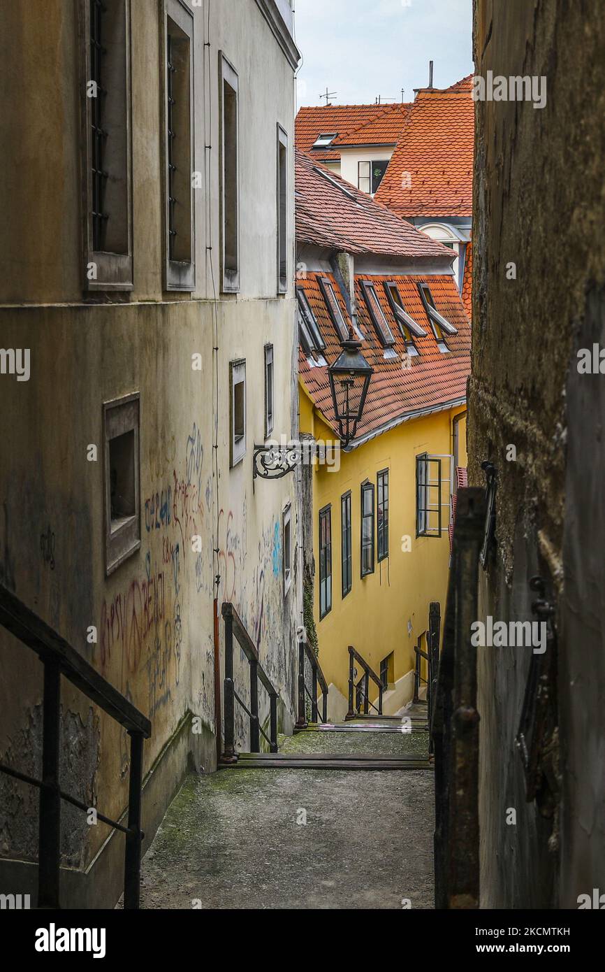 Empty alley amidst old buildings in Zagreb, Croatia on September 16 ...