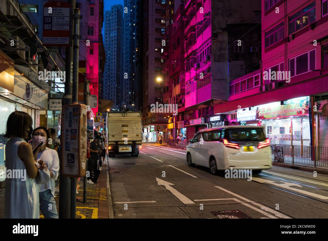 The reflection of red neons color surrounding buildings in Catchick ...