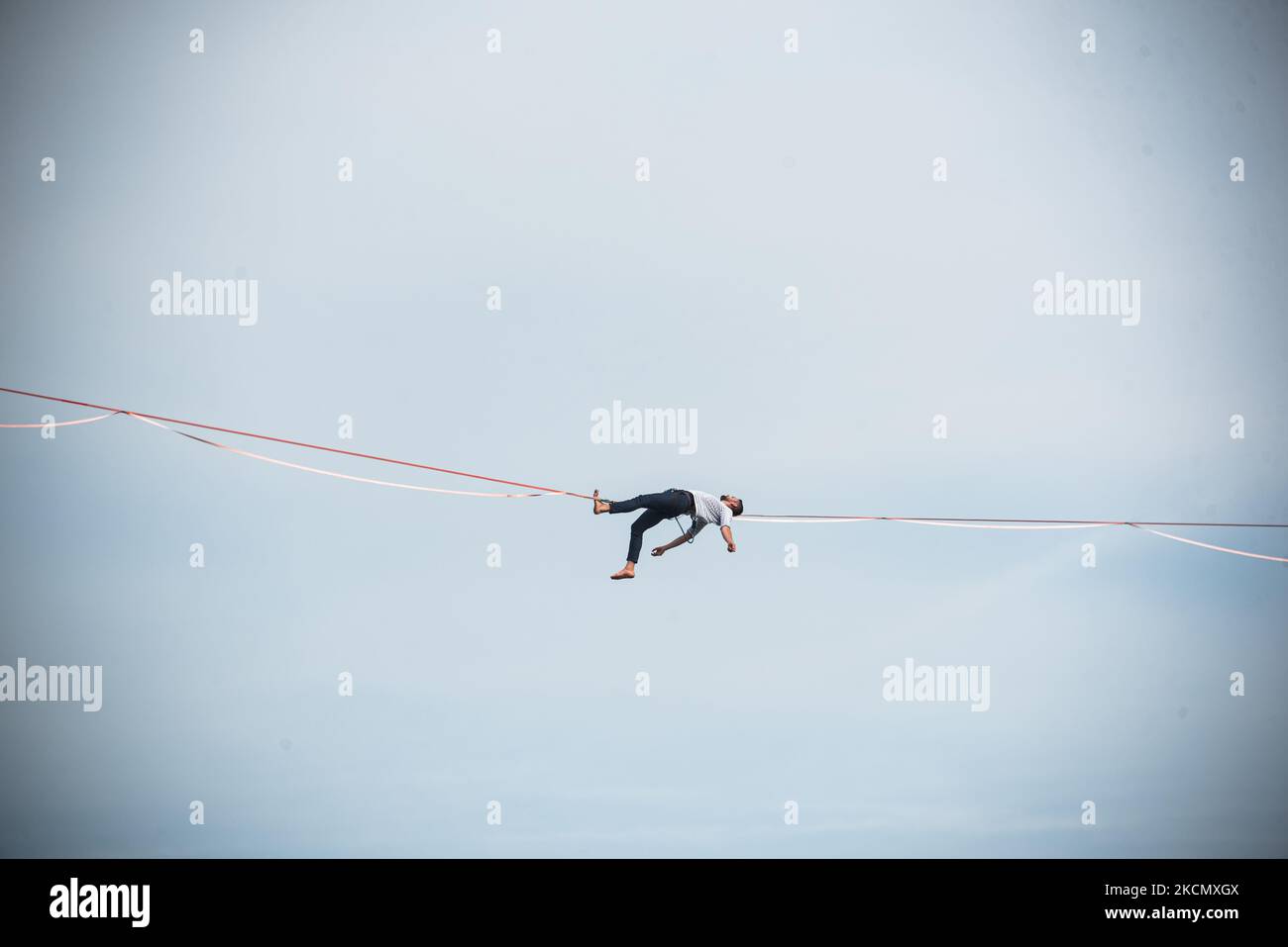 On September 18, 2021, French highliner Nathan Paulin will perform on a ...