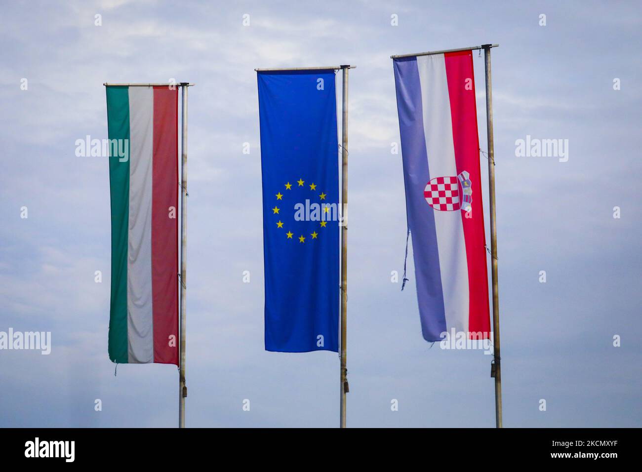 Flags of Hungary, European Union and Croatia are seen at the Letenye ...