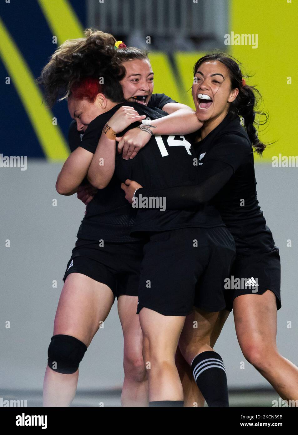 New Zealand's Ruby Tui celebrates her try with Renee Holmes and Stacey ...