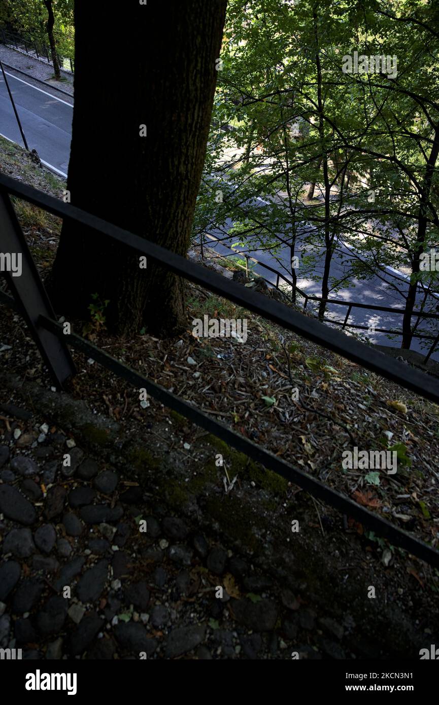 Road on a hill seen from a path above it in a park Stock Photo - Alamy