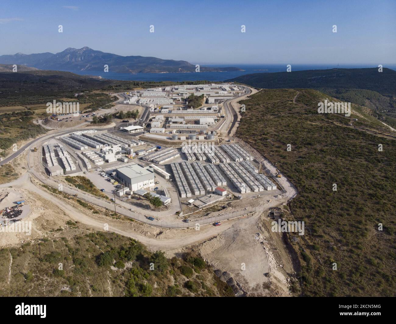 A drone view of the new asylum seeker camp in Samos Island, Greece, the ...
