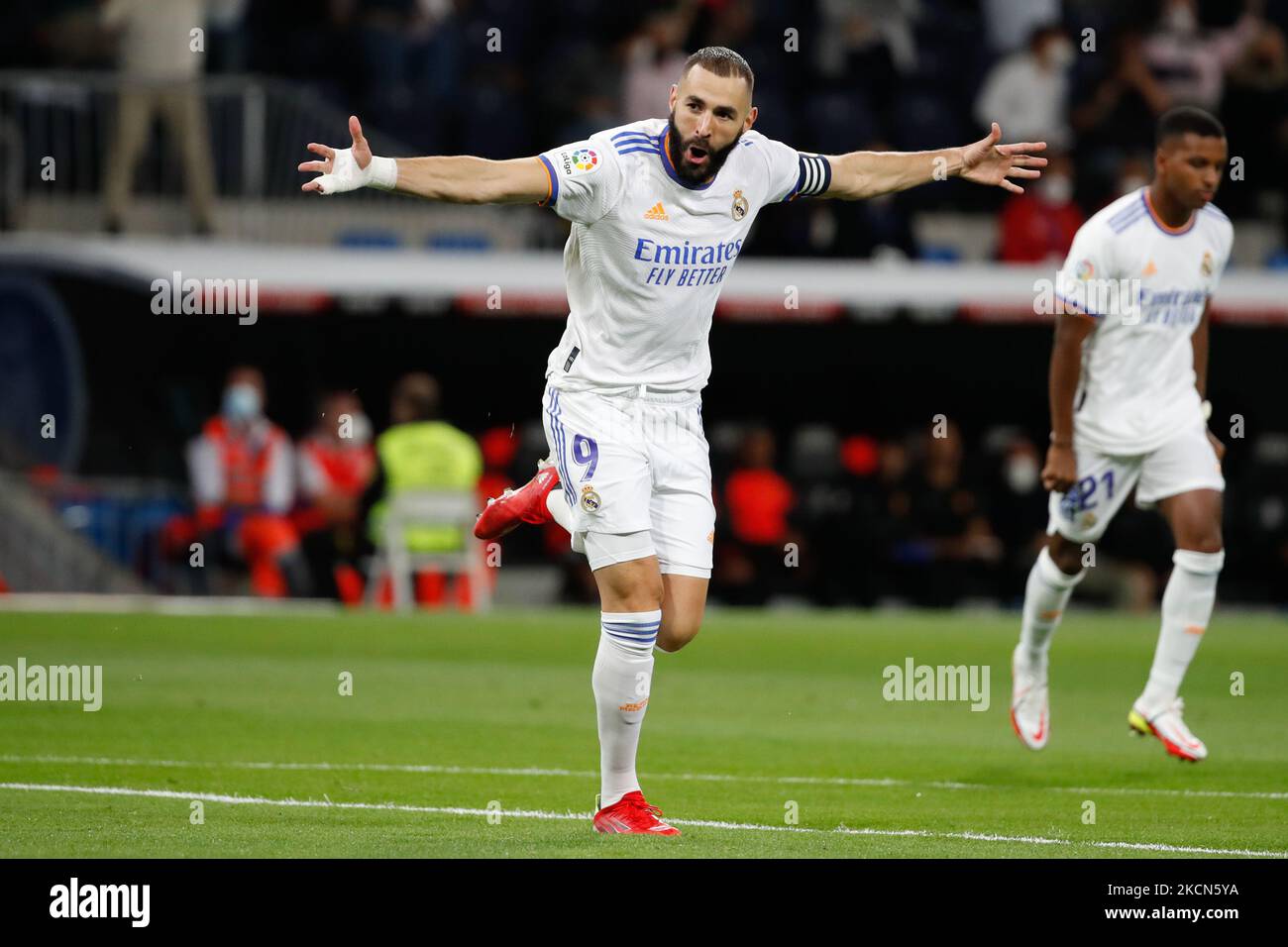 Karim Benzema of Real Madrid celebrates a goal during the La Liga match ...
