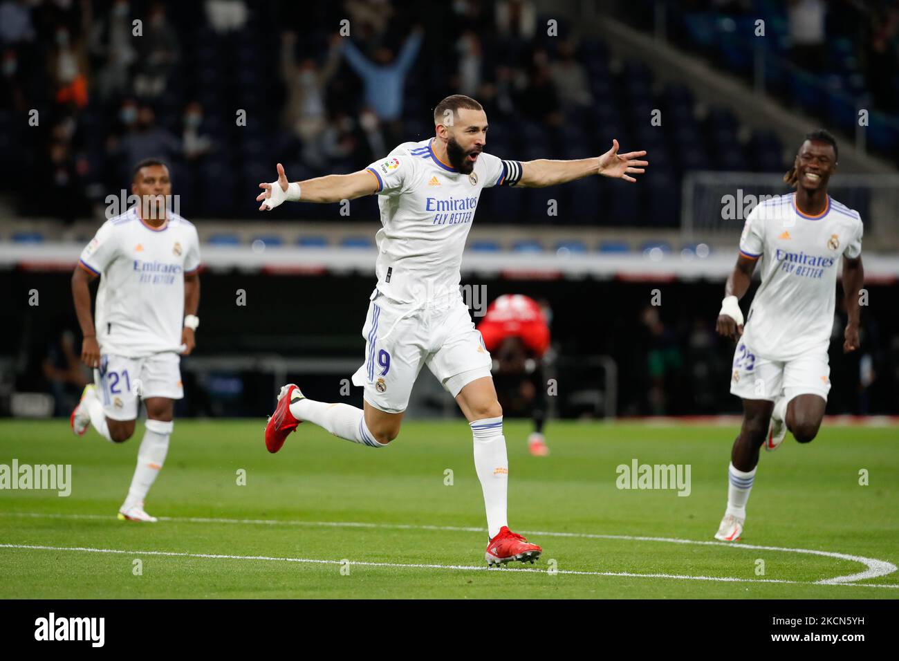 Karim Benzema of Real Madrid celebrates a goal during the La Liga match ...