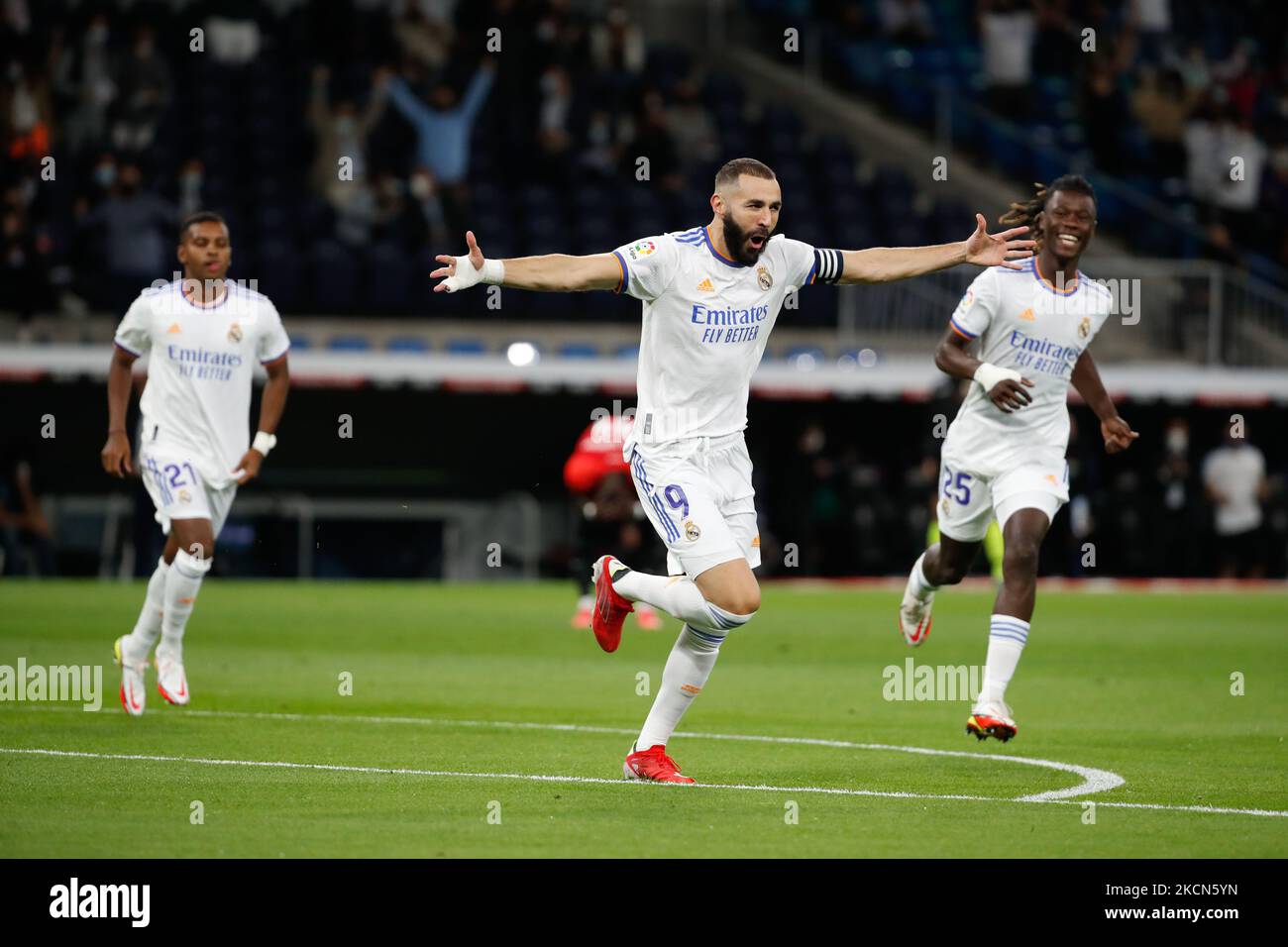 Karim Benzema of Real Madrid celebrates a goal during the La Liga match ...