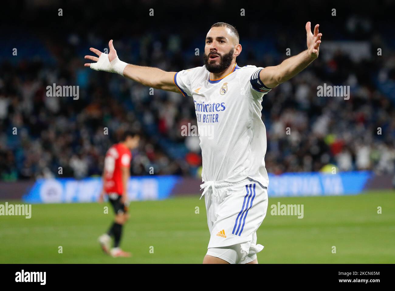 Karim Benzema of Real Madrid celebrates a goal during the La Liga match ...