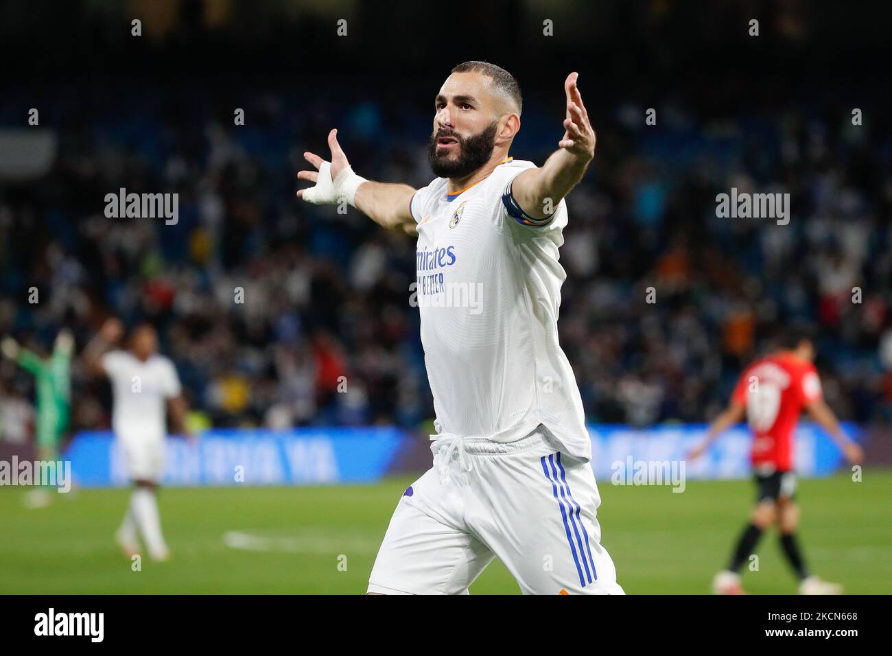 Karim Benzema of Real Madrid celebrates a goal during the La Liga match ...