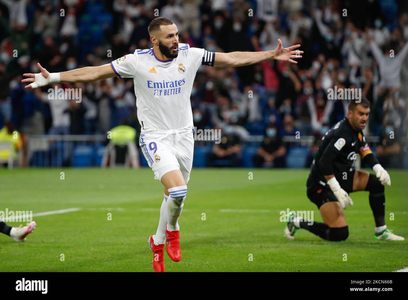 Karim Benzema of Real Madrid celebrates a goal during the La Liga match ...
