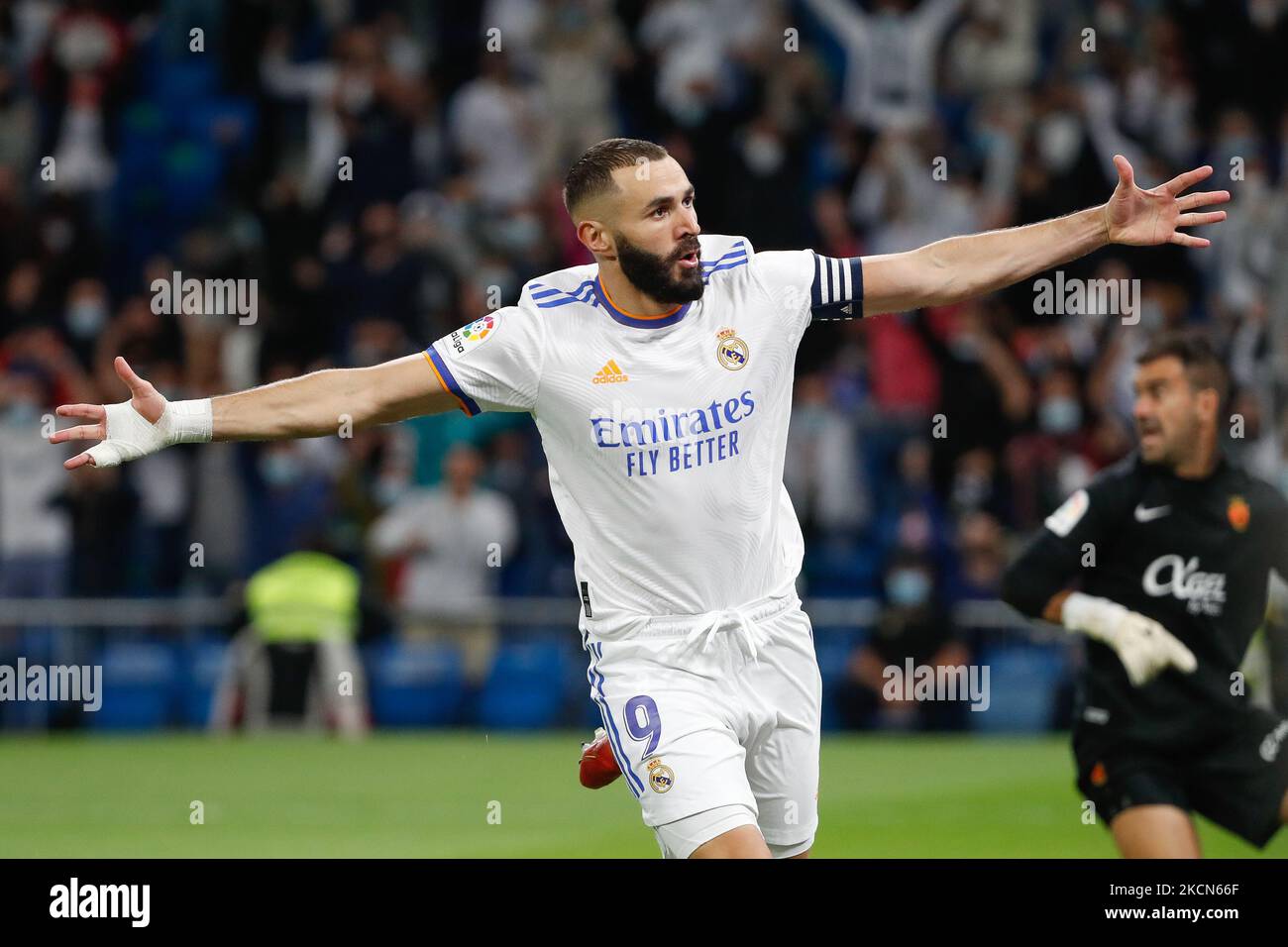 Karim Benzema of Real Madrid celebrates a goal during the La Liga match ...