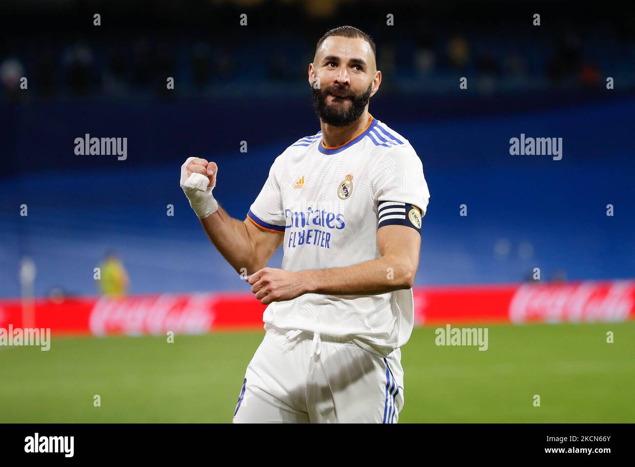 Karim Benzema of Real Madrid celebrates a goal during the La Liga match ...