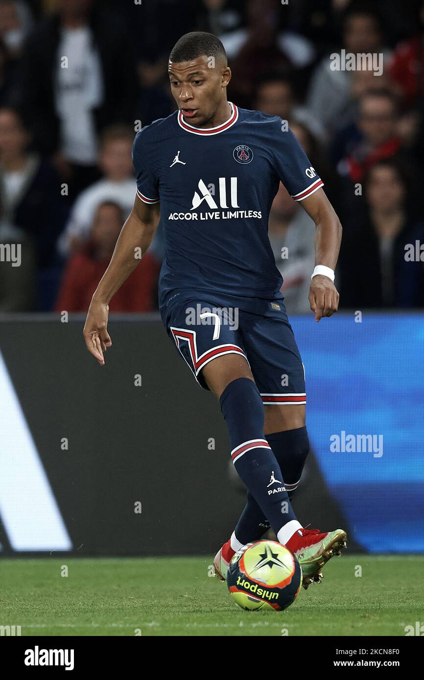 Kylian Mbappe of PSG controls the ball during the Ligue 1 Uber Eats ...