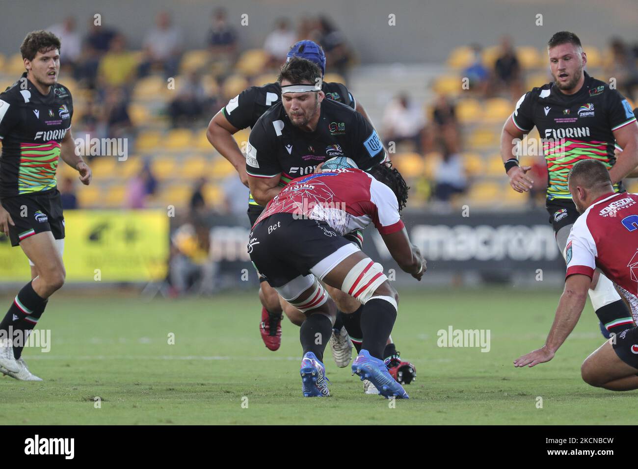 David Sisi (Zebre) is tackled by Vincent Tshituka (Lions) during the ...