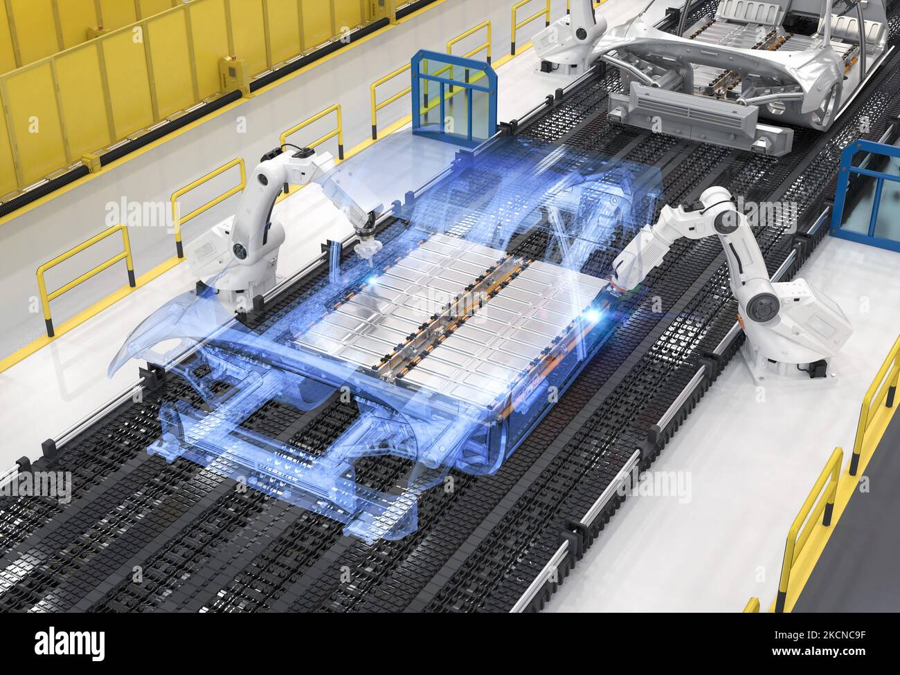 Automation automobile factory concept with 3d rendering robot assembly ...
