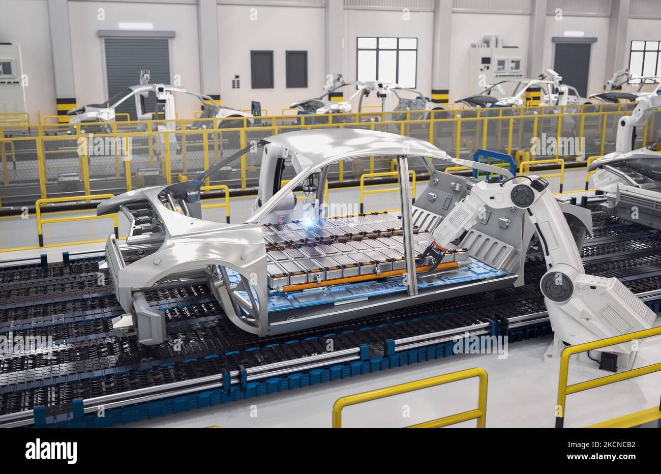 Automation Automobile Factory Concept With 3d Rendering Robot Assembly