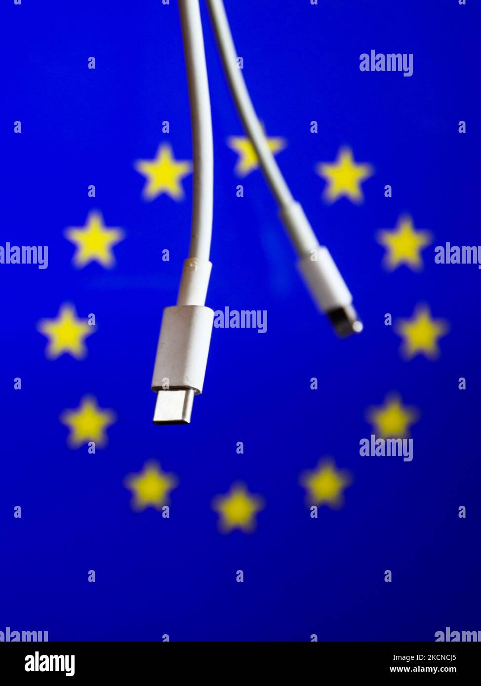 USB-C and Lightning cables are seen with European Union flag displayed ...