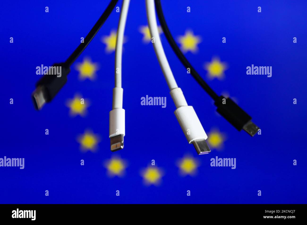 USB cables are seen with European Union flag displayed in the ...