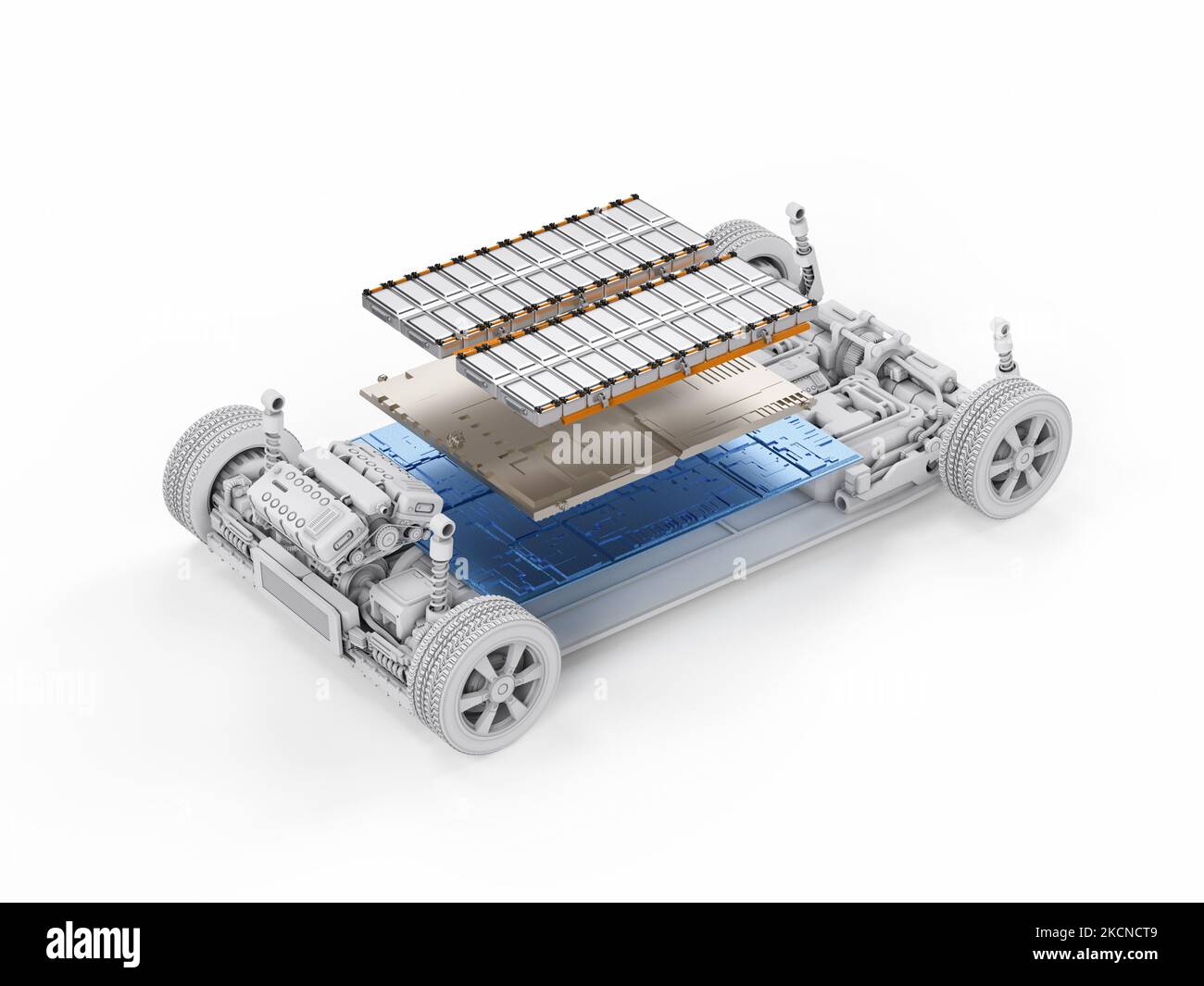 3d rendering electric car with pack of battery cells module on platform ...