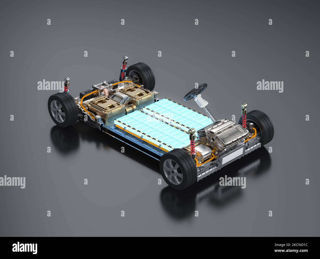 3d rendering electric car with pack of battery cells module on platform ...