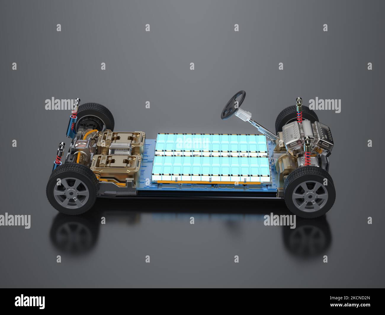 3d rendering electric car with pack of battery cells module on platform ...