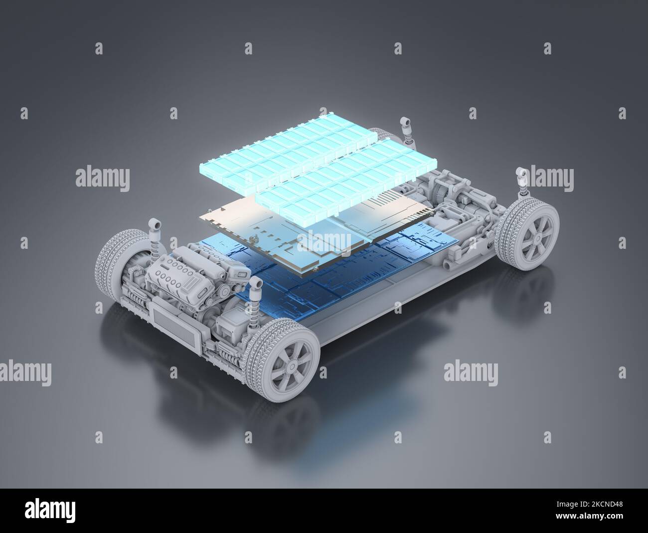 3d rendering electric car with pack of battery cells module in layers ...
