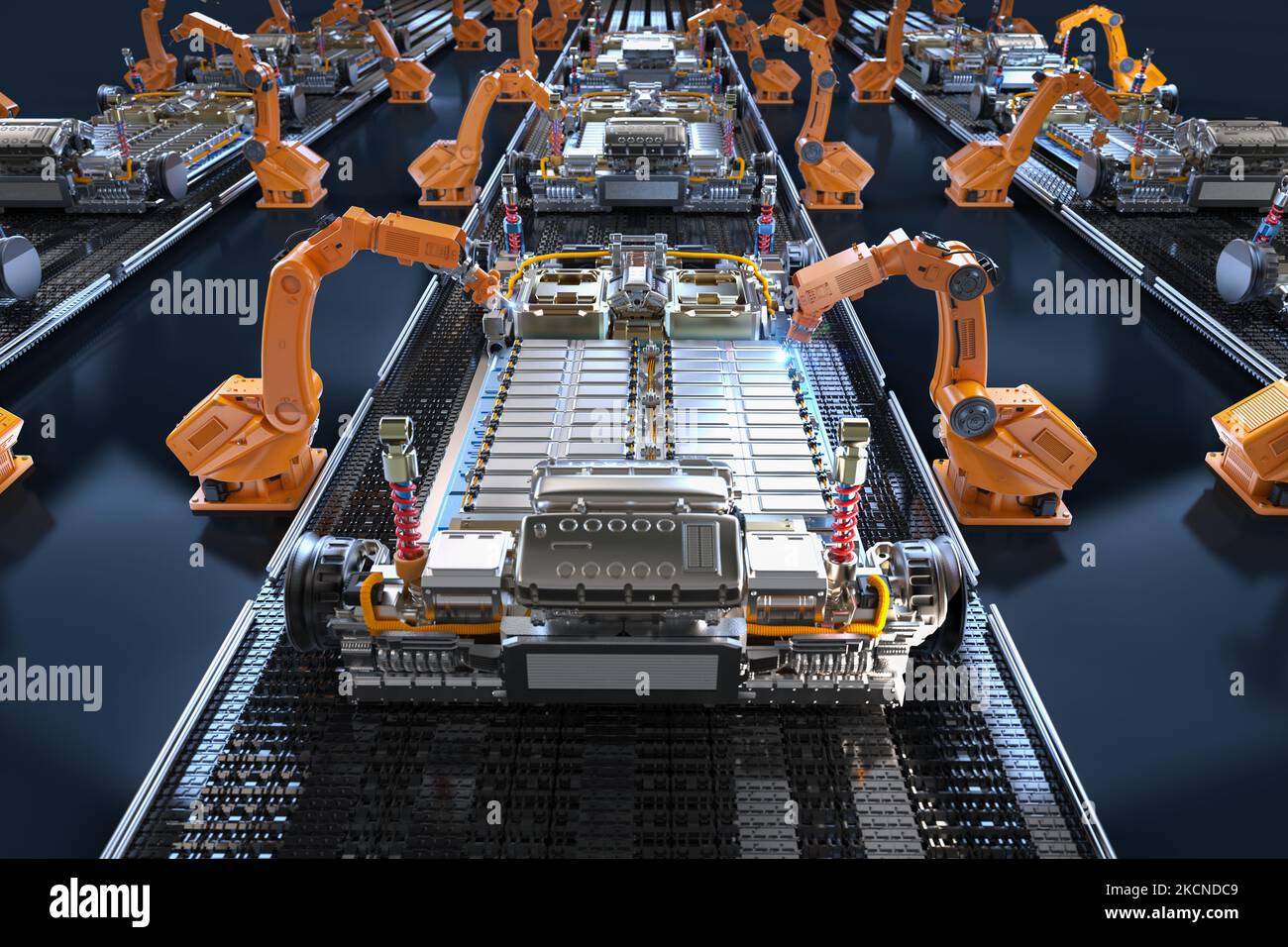 Automation Automobile Factory Concept With 3d Rendering Robot Assembly Line With Electric Car