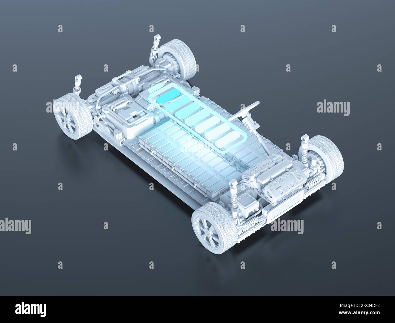 3d rendering electric car with pack of battery cells module on platform ...