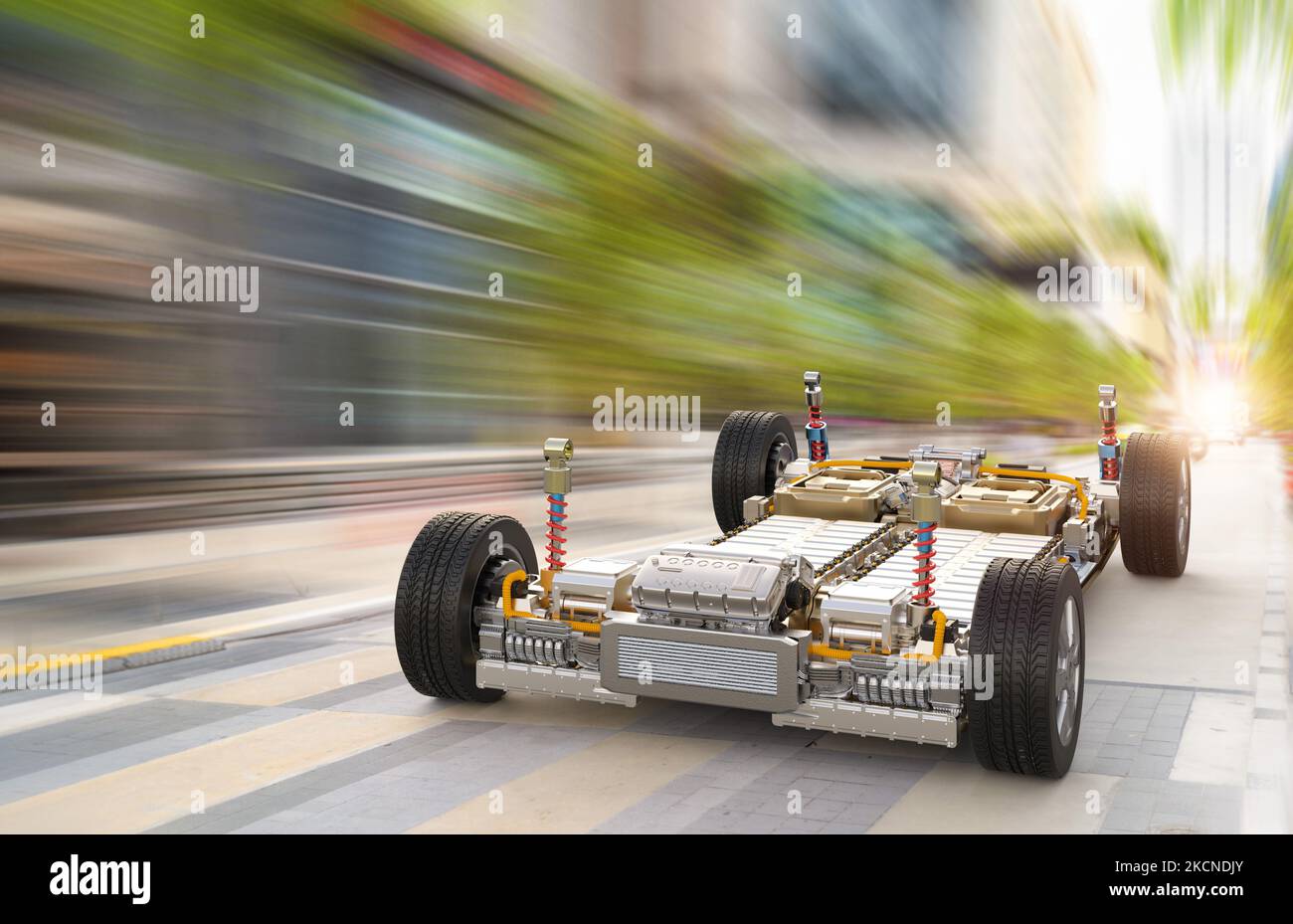 3d rendering ev car with pack of battery cells module in motion on road ...