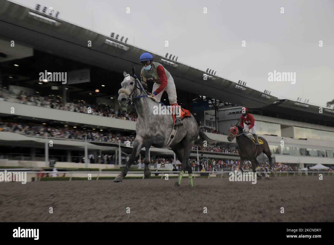 Jockeys ride their horses at the Hipódromo de las Americas in Mexico ...