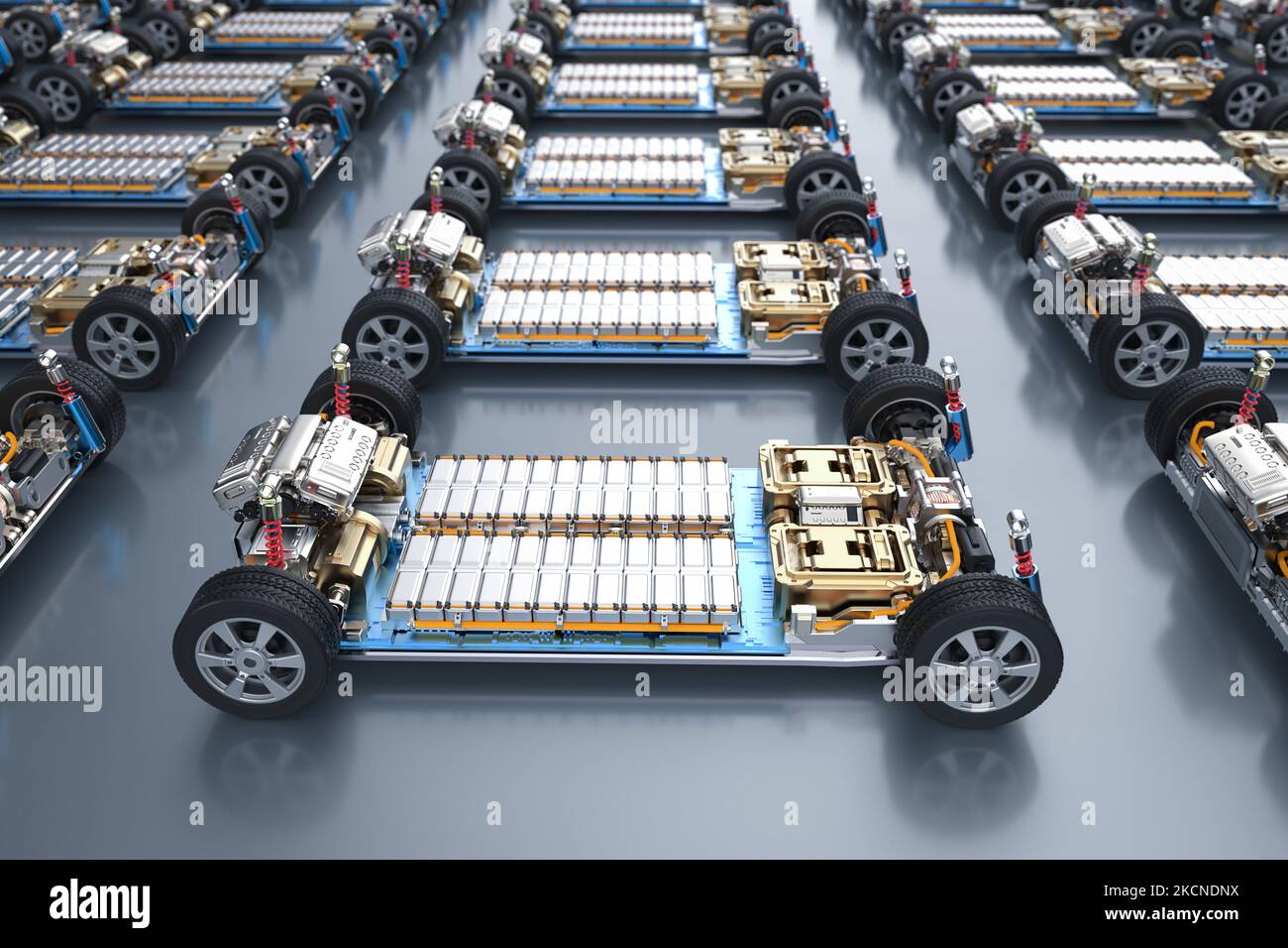 3d rendering group of electric cars with pack of battery cells module ...