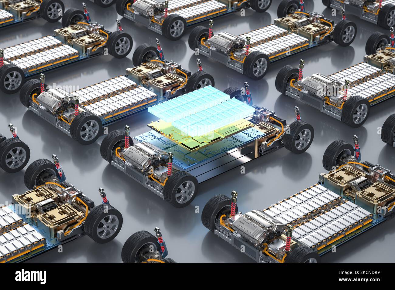 3d rendering group of electric cars with pack of battery cells module ...