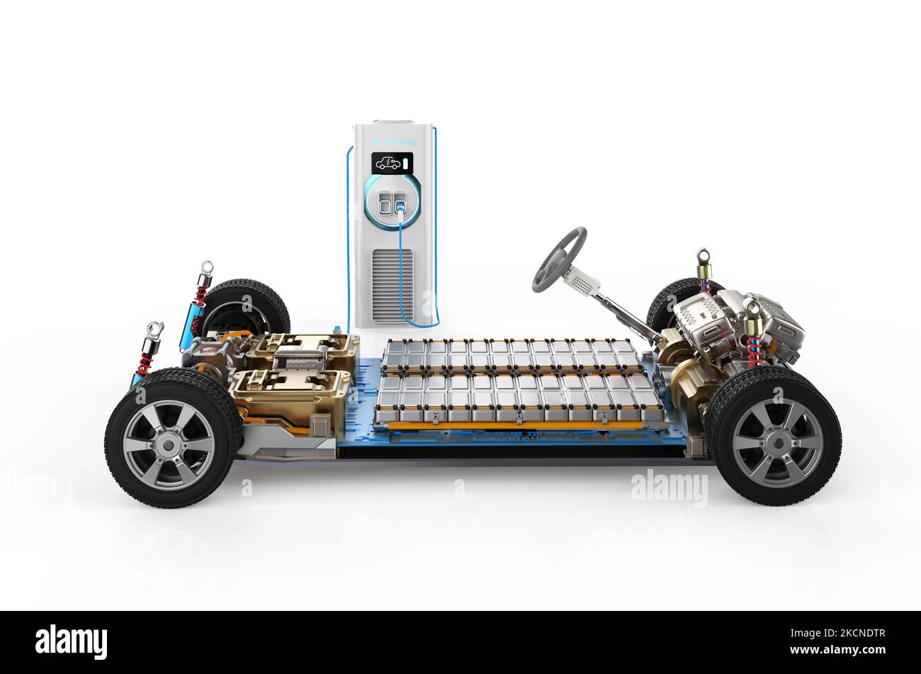 3d rendering electric car battery plug in with ev charging station ...