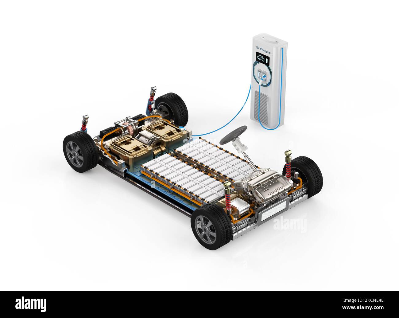 3d rendering electric car battery plug in with ev charging station ...