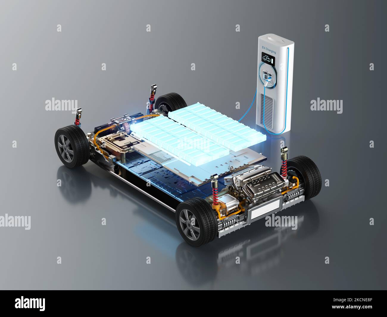 3d rendering electric car battery plug in with ev charging station ...
