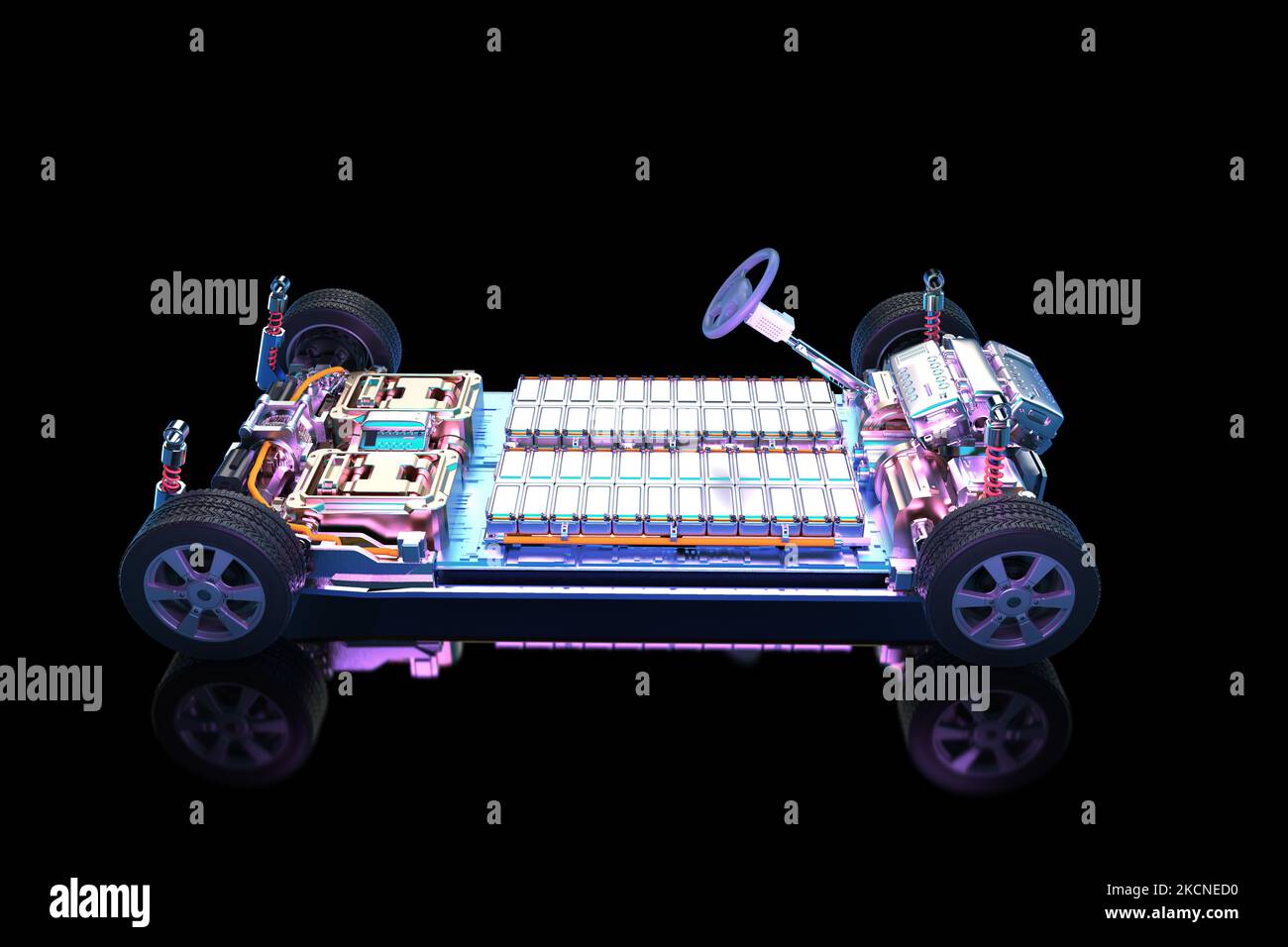 3d rendering electric car with pack of battery cells module on platform ...