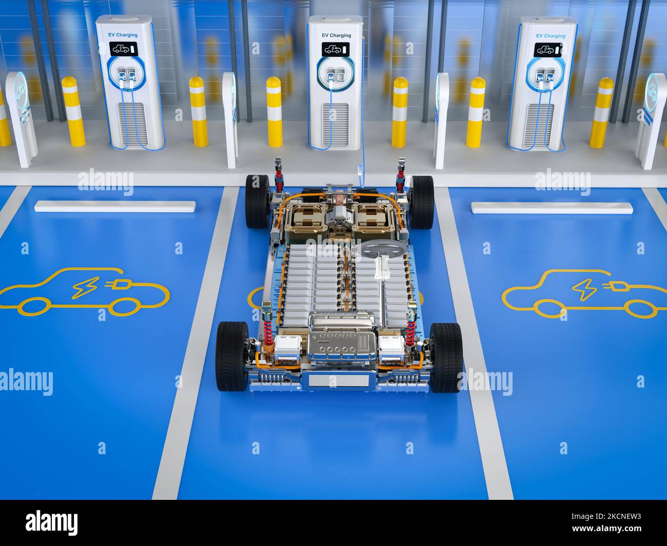 3d rendering electric car battery plug in with ev charging station ...