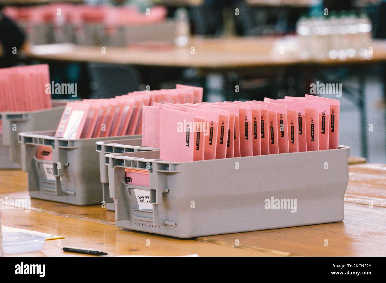 stacks of voting letters are seen inside the cologne trade fair center ...