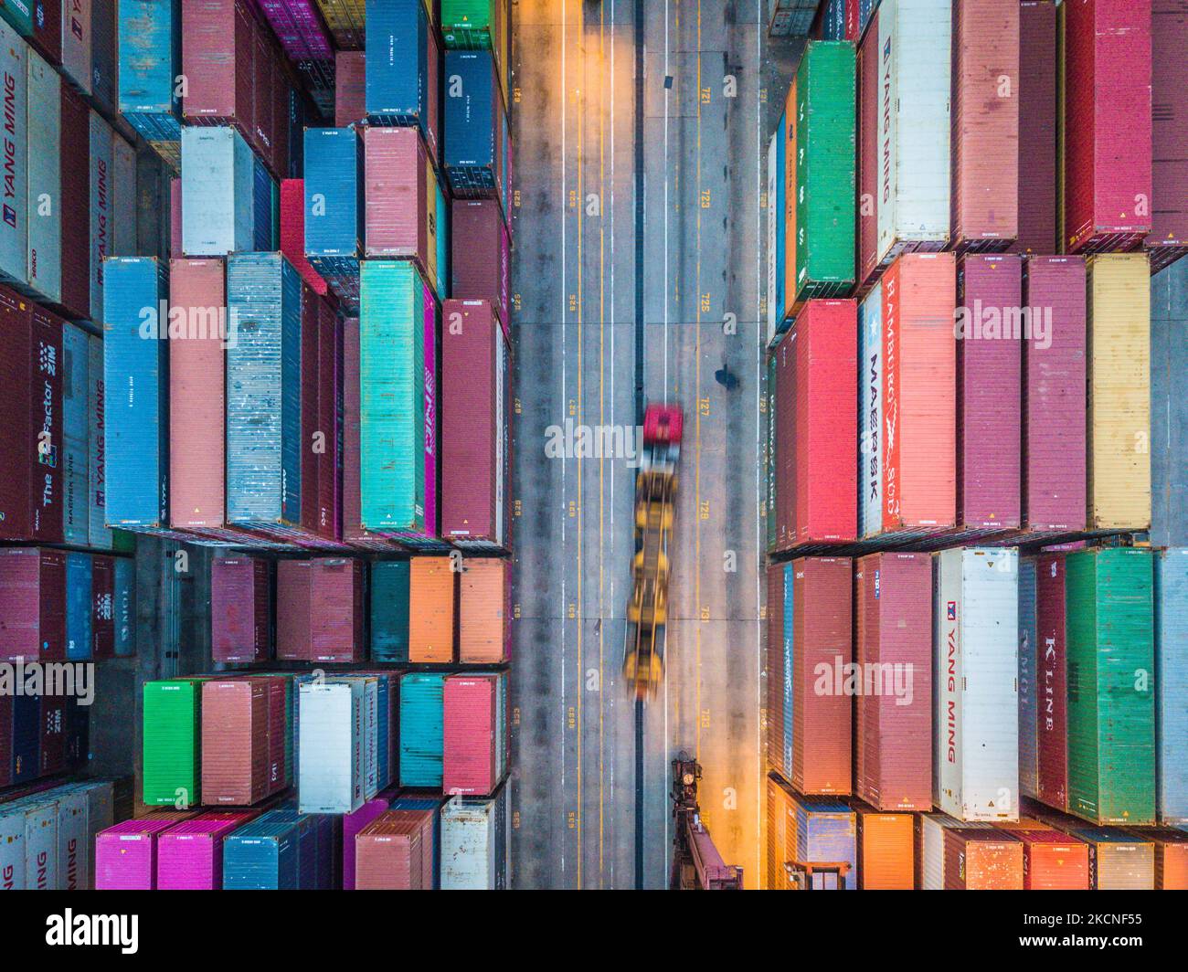 A long exposure drone panorama of the Kwai Chung container port in Hong ...