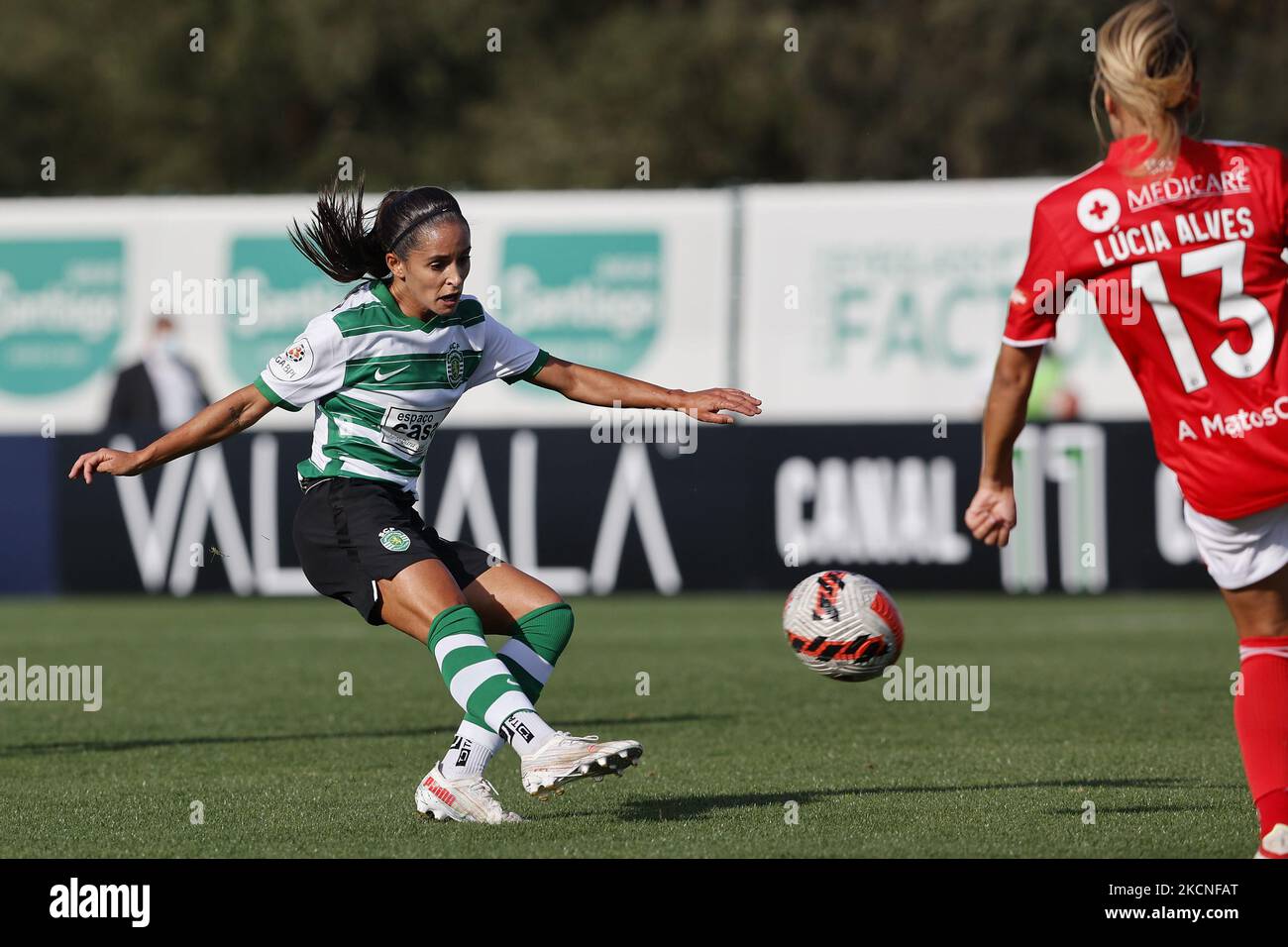 Brenda Perez shoots to gal and scores 1-0 during the match for Liga BPI ...