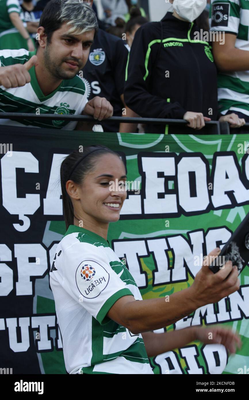 Brenda Perez interacts with fans during the match for Liga BPI between ...
